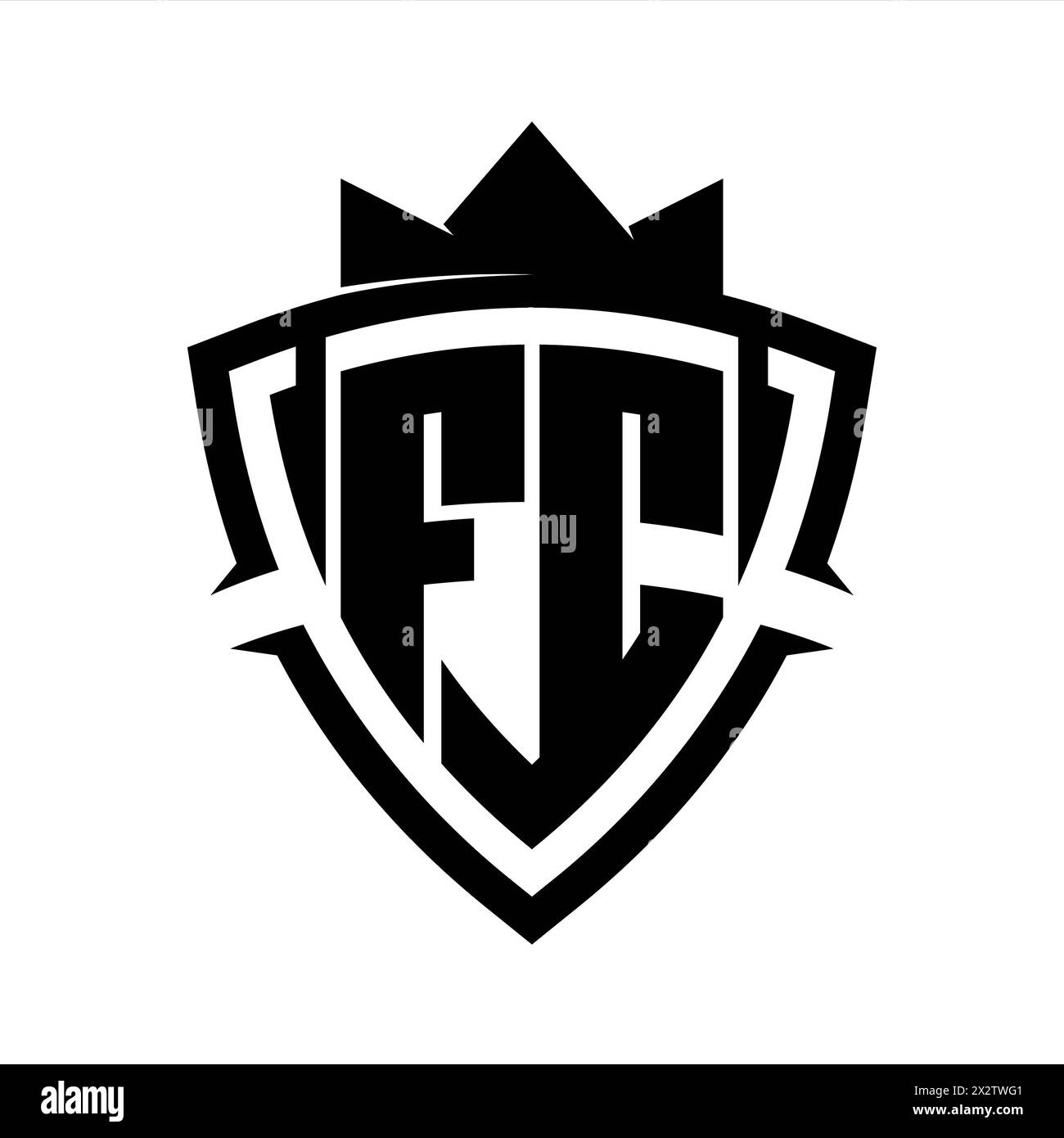 FC Letter bold monogram with triangle curve shield shape with crown black and white background ...