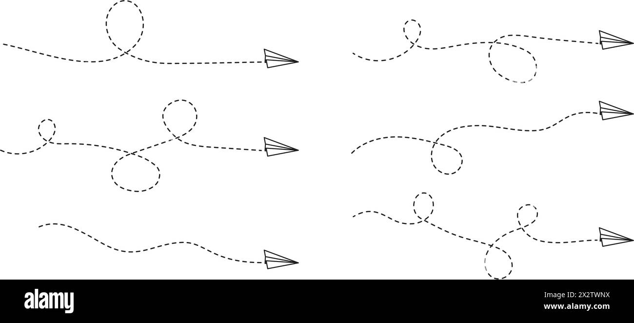Set of paper plane icons with route dashed lines. Travel, journey or ...