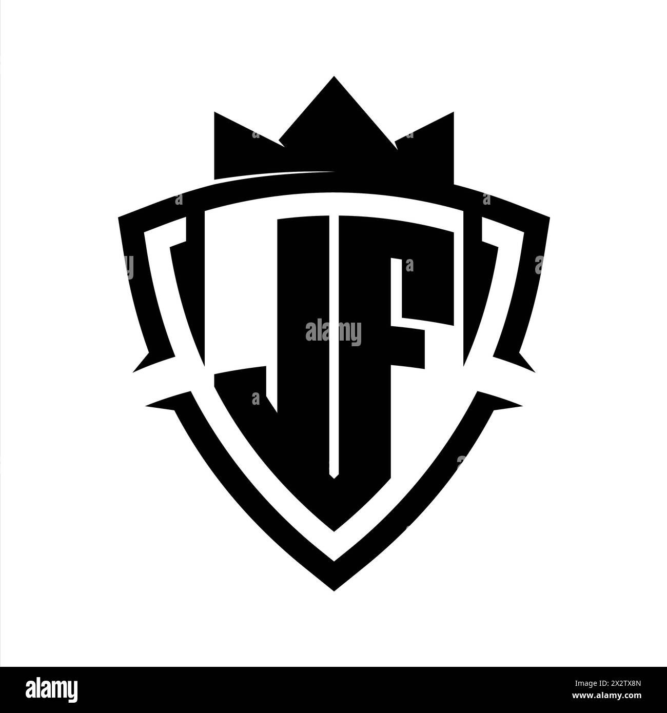JF Letter bold monogram with triangle curve shield shape with crown black and white background ...