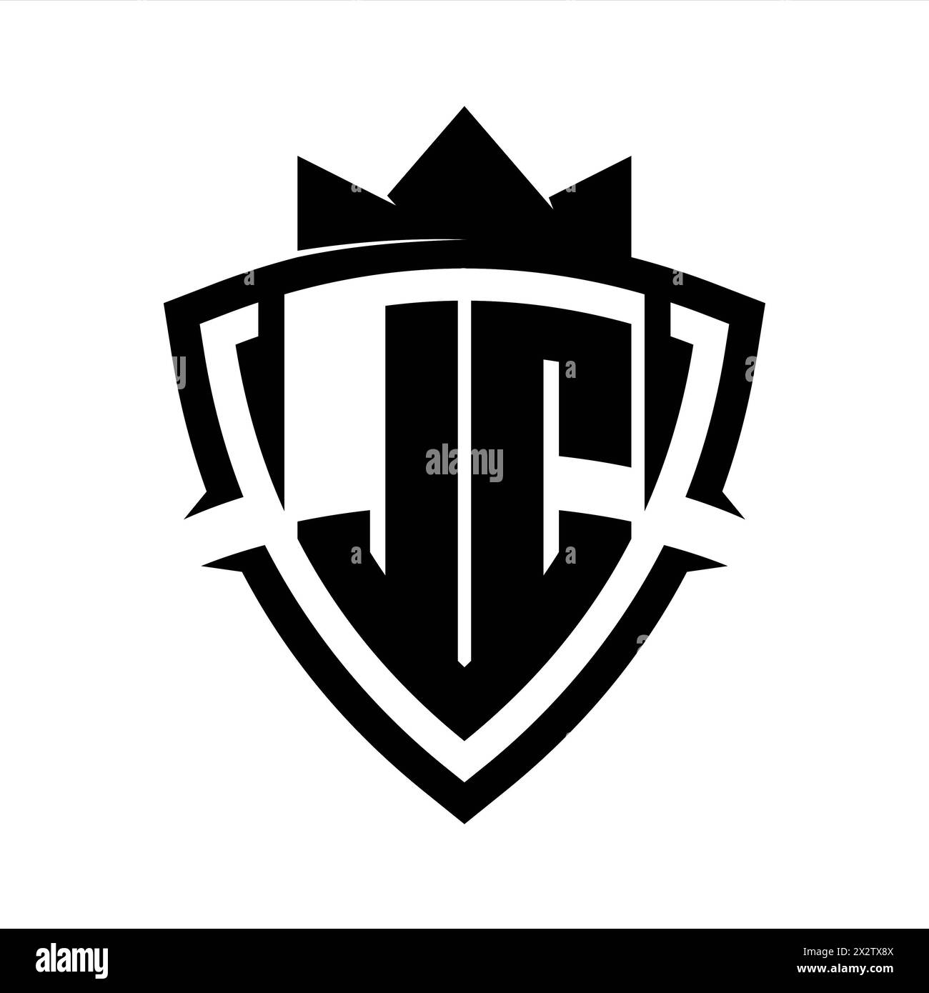 JC Letter bold monogram with triangle curve shield shape with crown black and white background ...