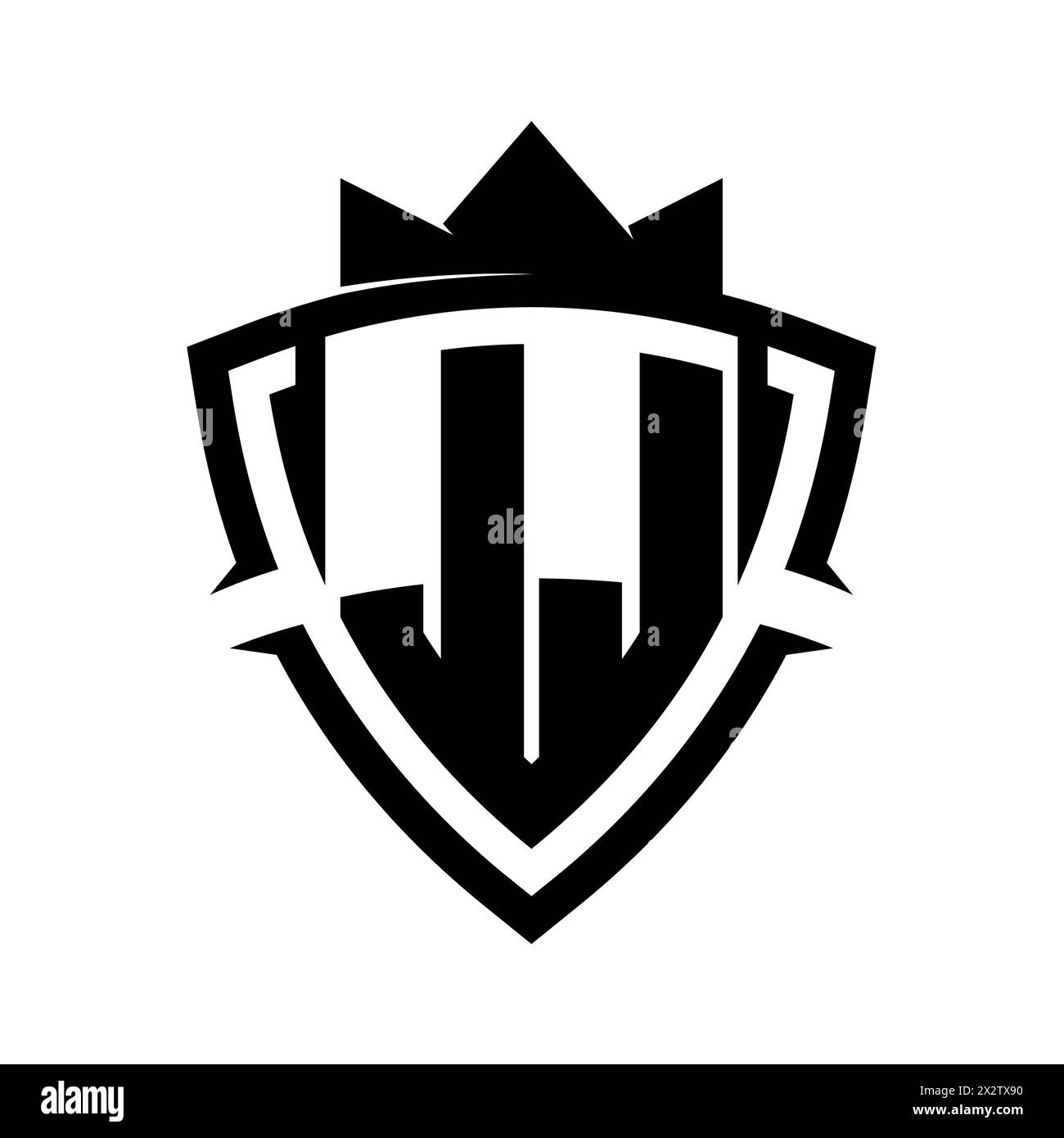 JJ Letter bold monogram with triangle curve shield shape with crown black and white background ...