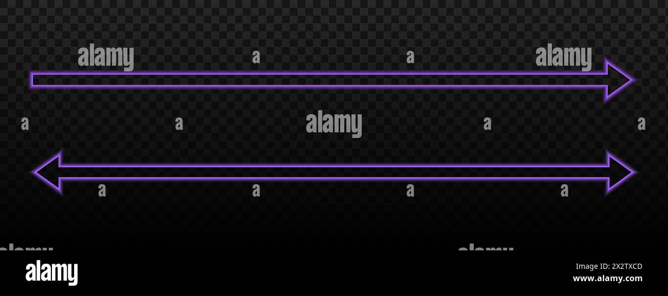 Long straight neon arrow and double arrow signs. Purple luminous ...