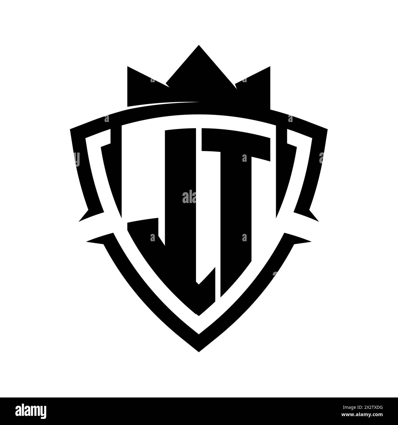 JT Letter bold monogram with triangle curve shield shape with crown black and white background ...