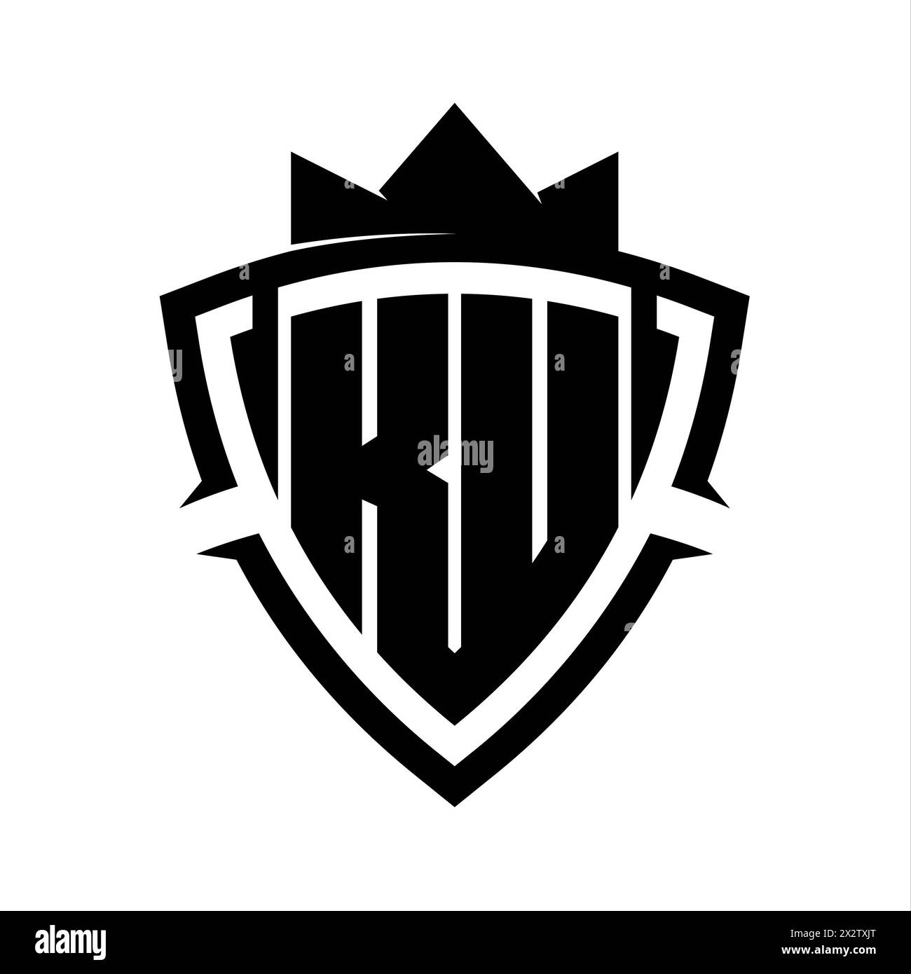 KU Letter bold monogram with triangle curve shield shape with crown black and white background ...