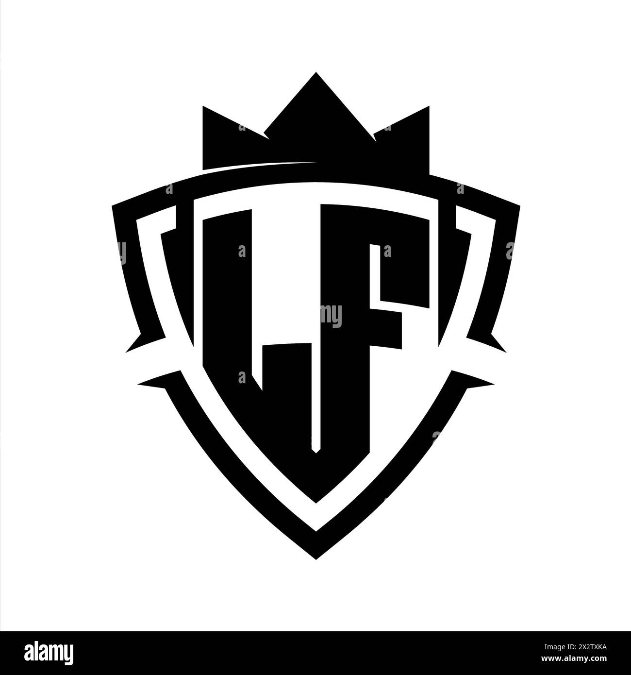 LF Letter bold monogram with triangle curve shield shape with crown black and white background ...