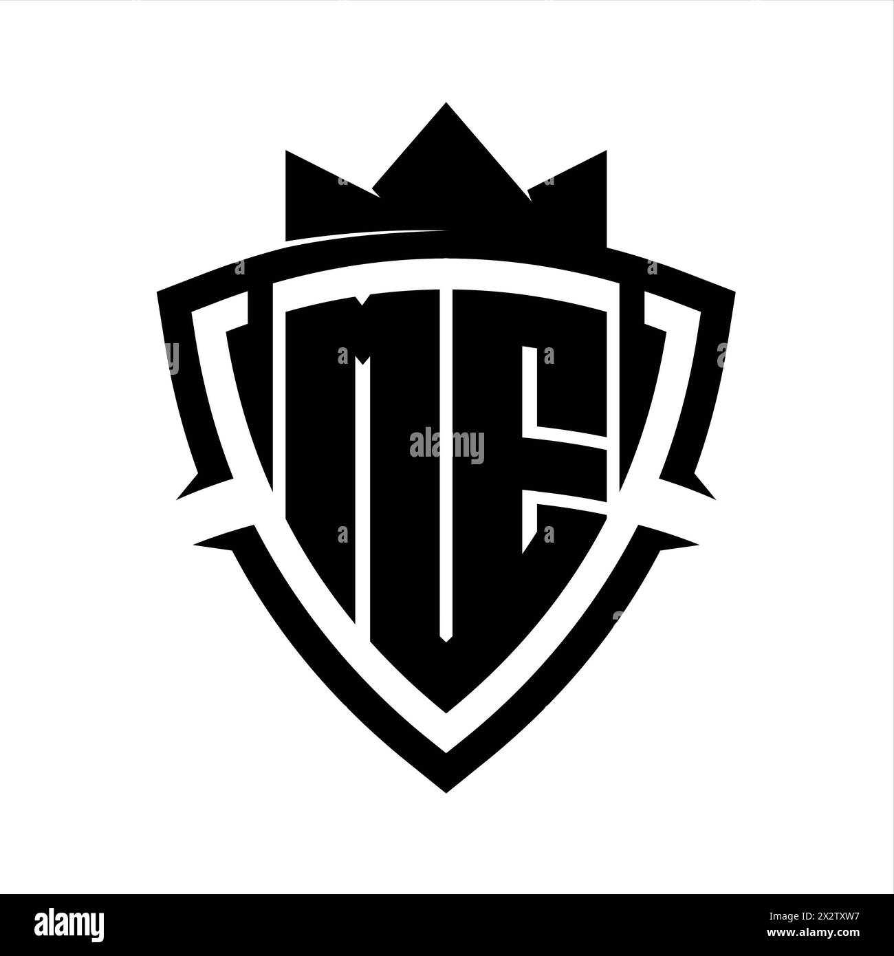 ME Letter bold monogram with triangle curve shield shape with crown black and white background ...