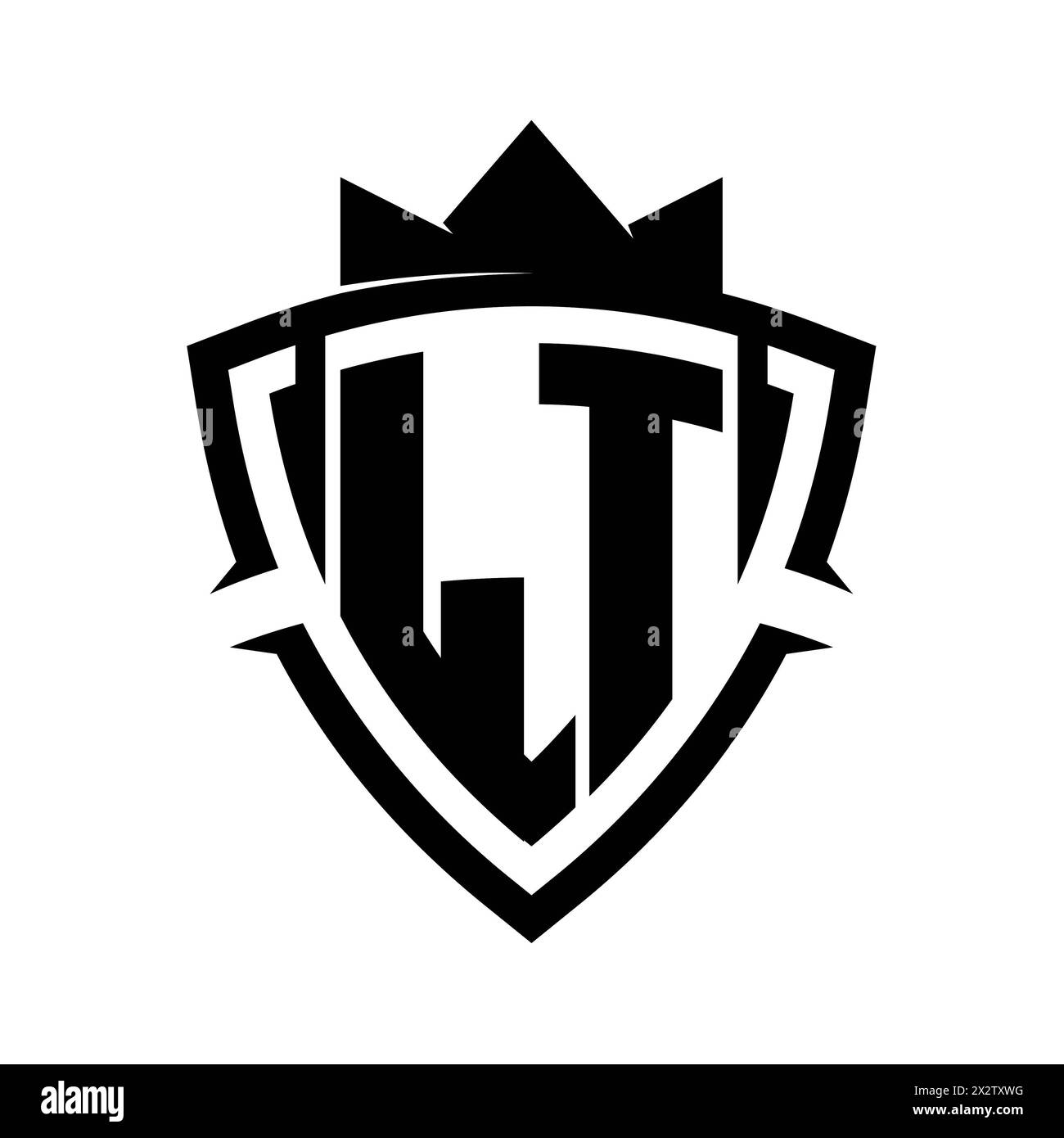 LT Letter bold monogram with triangle curve shield shape with crown black and white background ...