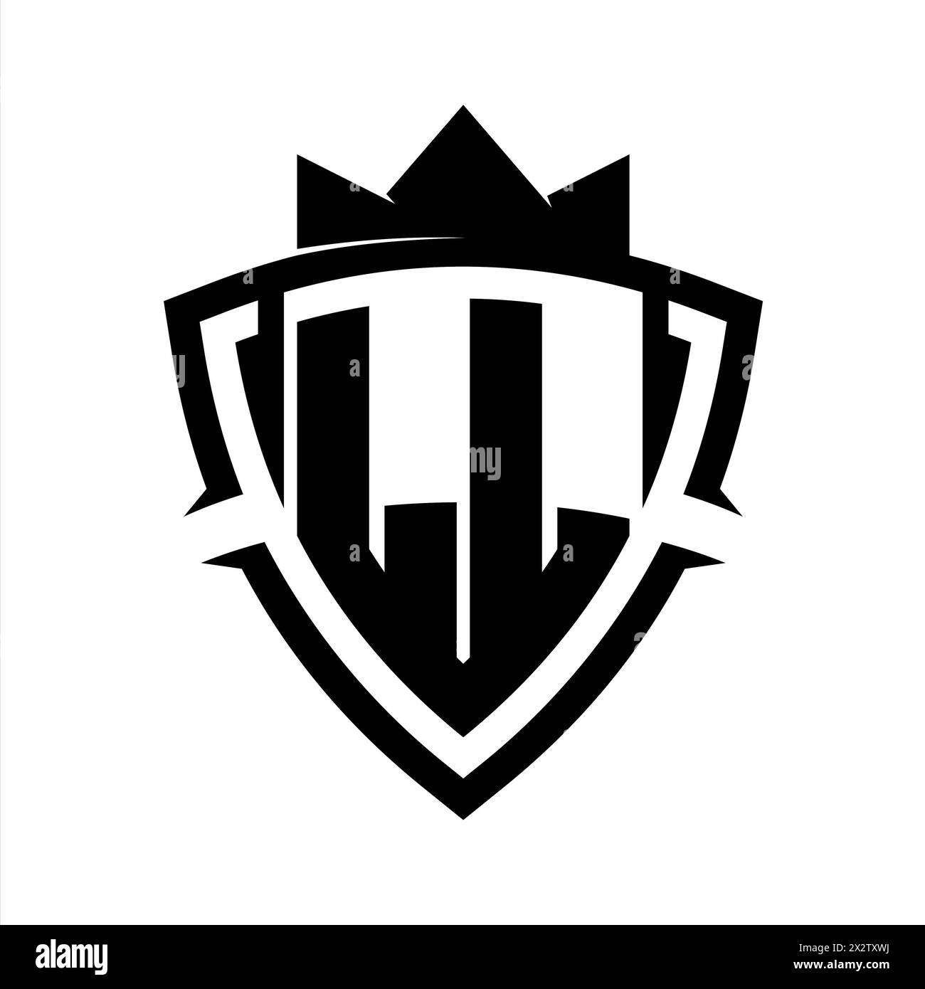 LL Letter bold monogram with triangle curve shield shape with crown black and white background ...