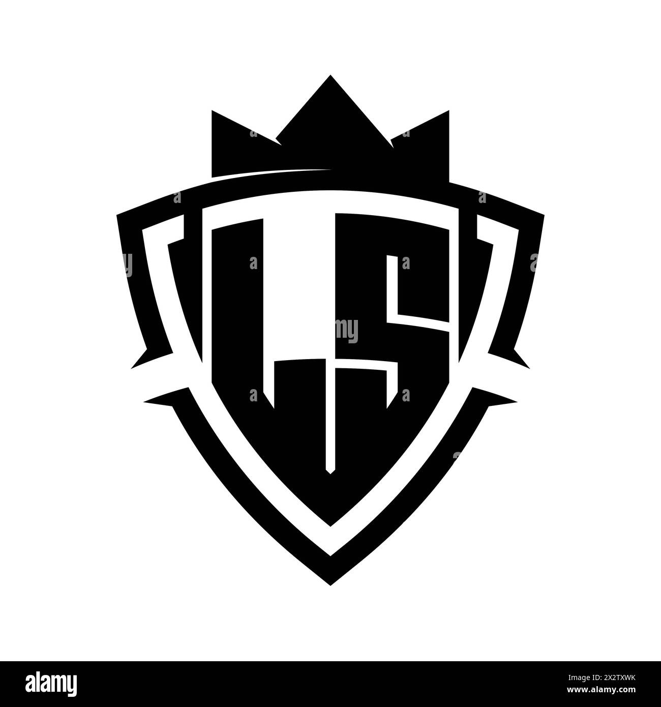 LS Letter bold monogram with triangle curve shield shape with crown black and white background ...