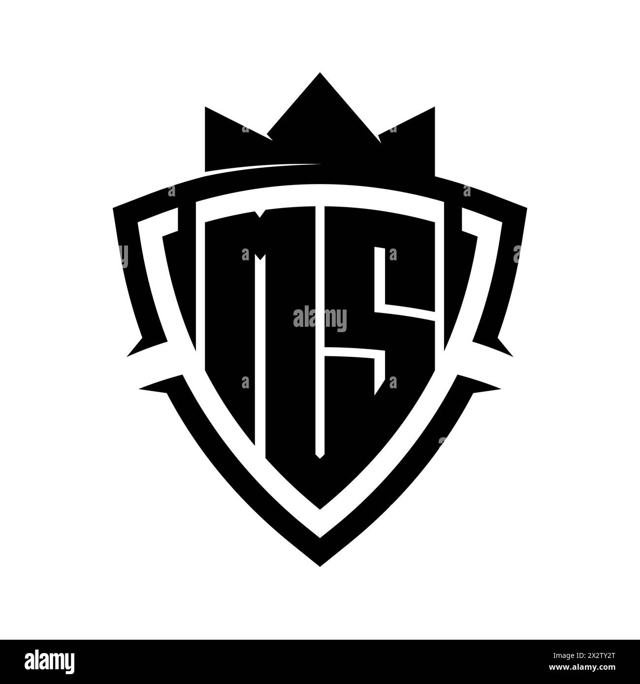 MS Letter bold monogram with triangle curve shield shape with crown black and white background ...
