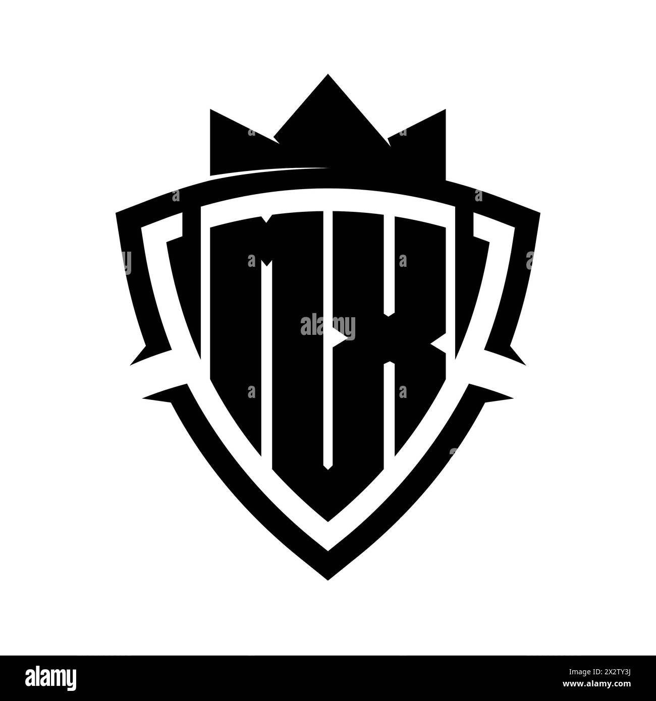 MX Letter bold monogram with triangle curve shield shape with crown black and white background ...