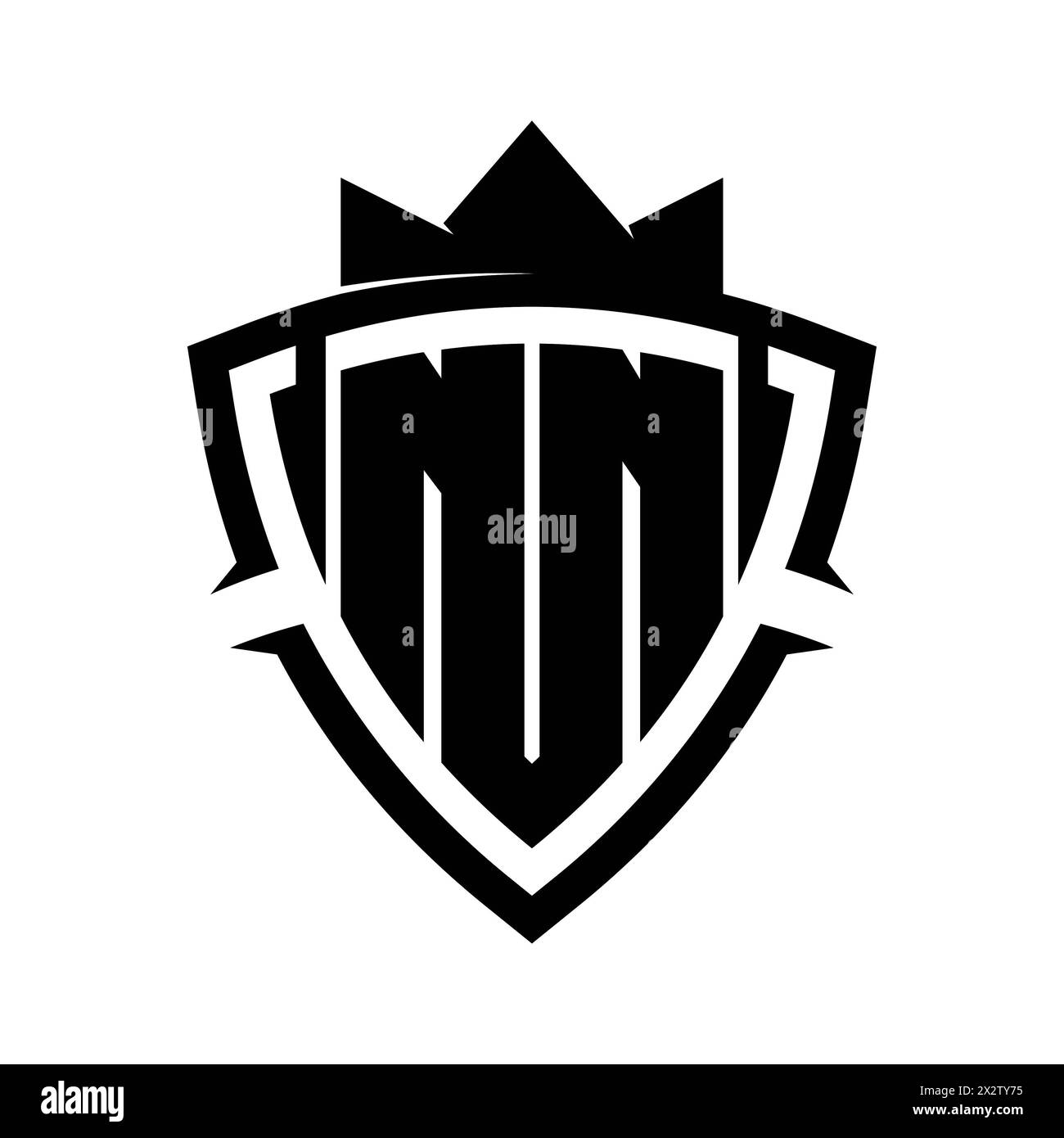 Nn Letter Bold Monogram With Triangle Curve Shield Shape With Crown Black And White Background