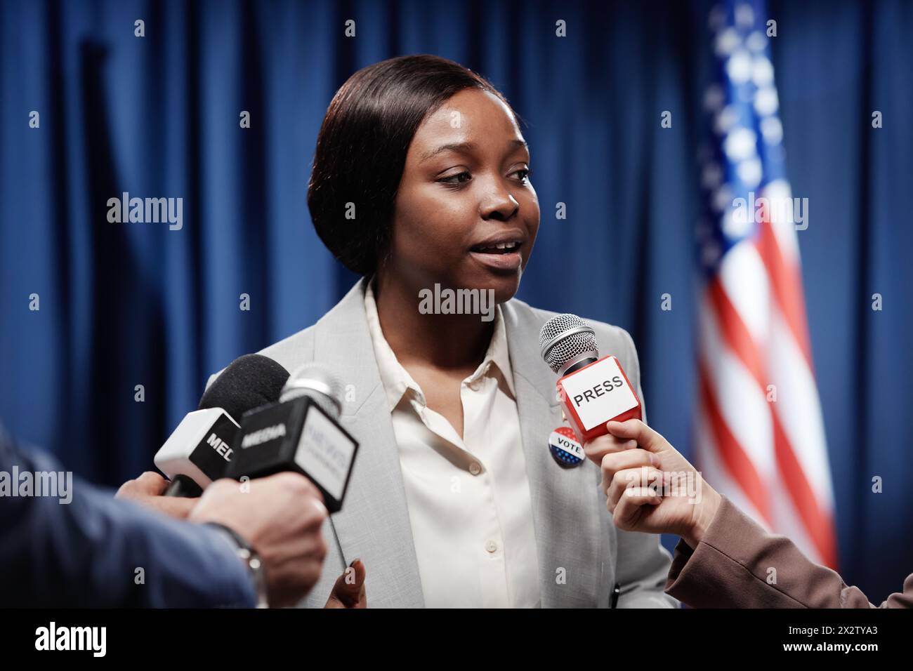 African American female candidate taking part in voting campaign ...