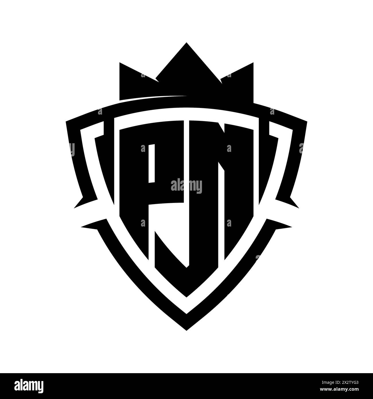PN Letter bold monogram with triangle curve shield shape with crown black and white background ...