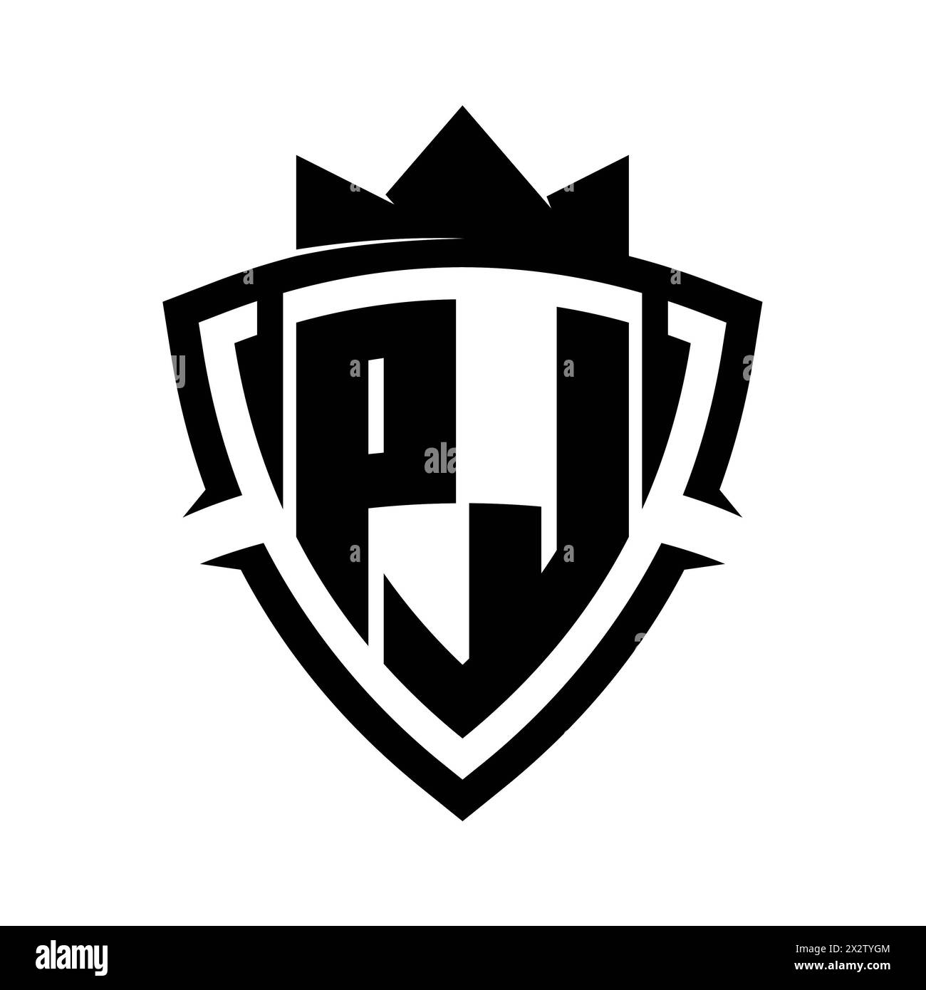 PJ Letter bold monogram with triangle curve shield shape with crown ...