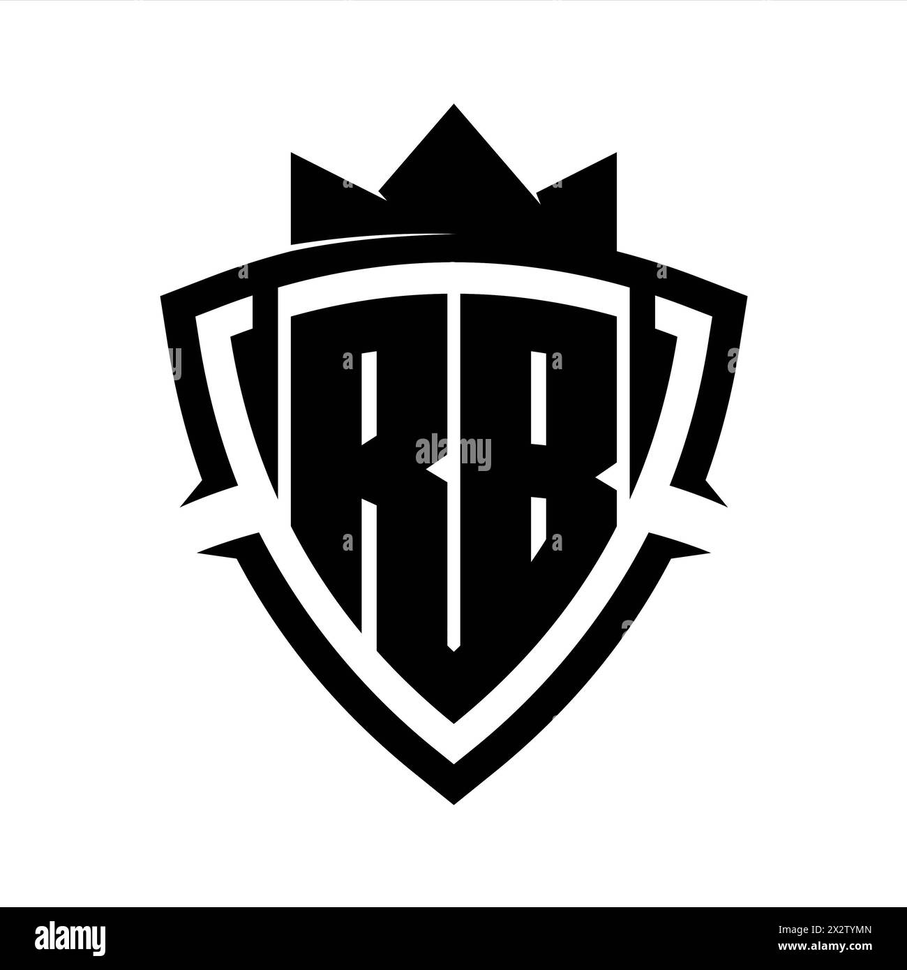 RB Letter bold monogram with triangle curve shield shape with crown black and white background ...