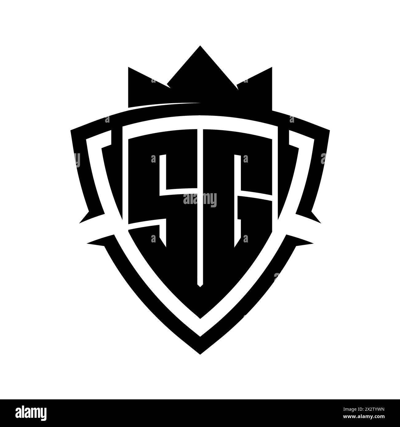 SG Letter bold monogram with triangle curve shield shape with crown black and white background ...