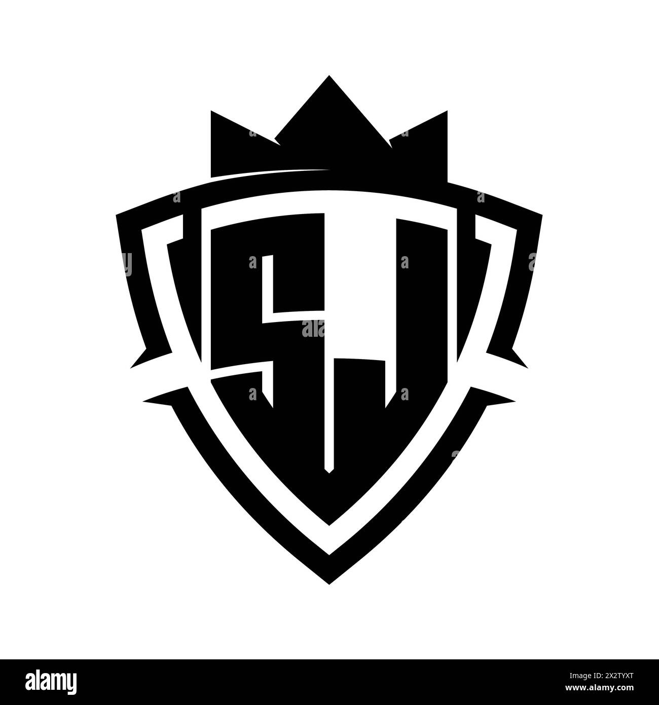 SJ Letter bold monogram with triangle curve shield shape with crown ...