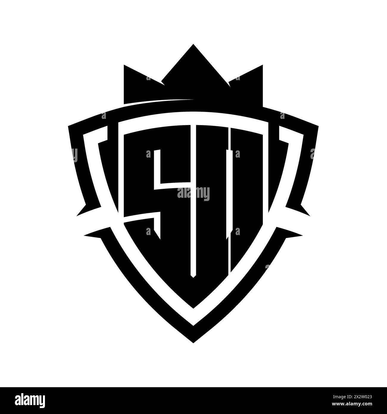 SO Letter bold monogram with triangle curve shield shape with crown black and white background ...