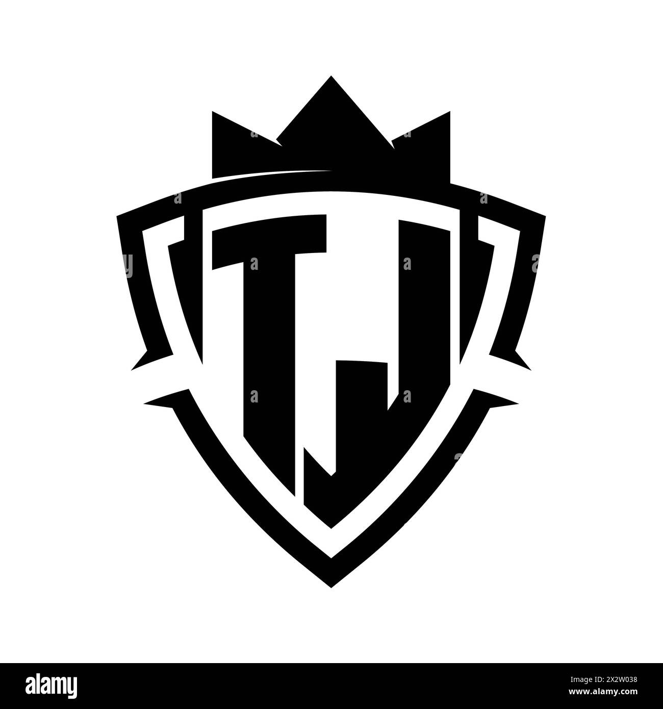 TJ Letter bold monogram with triangle curve shield shape with crown black and white background ...