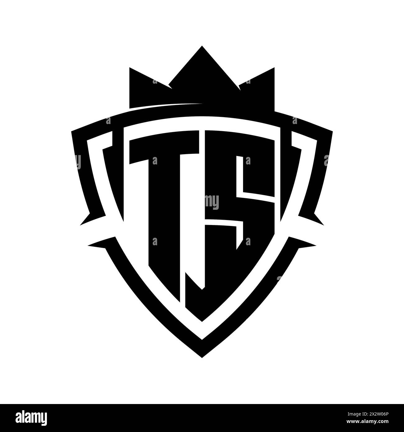 TS Letter bold monogram with triangle curve shield shape with crown black and white background ...