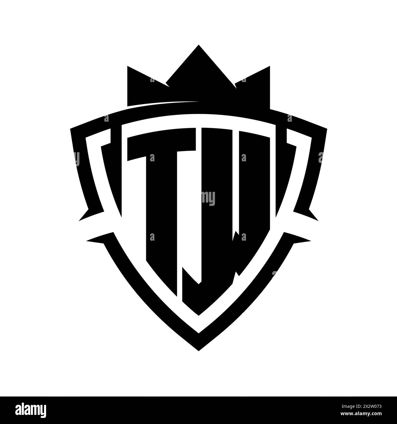 TW Letter bold monogram with triangle curve shield shape with crown black and white background ...