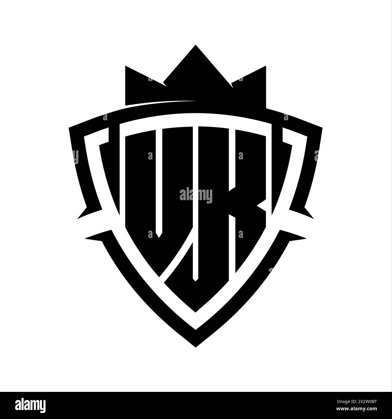 VK Letter bold monogram with triangle curve shield shape with crown black and white background ...