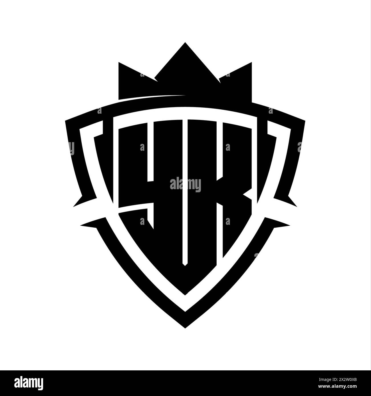 YK Letter bold monogram with triangle curve shield shape with crown black and white background ...