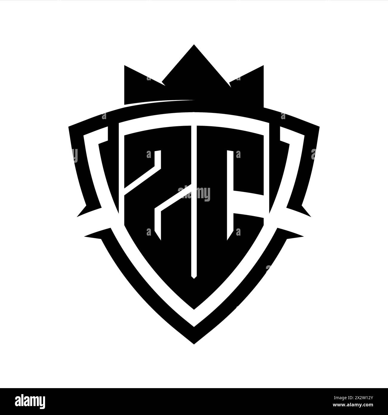 ZC Letter bold monogram with triangle curve shield shape with crown black and white background ...