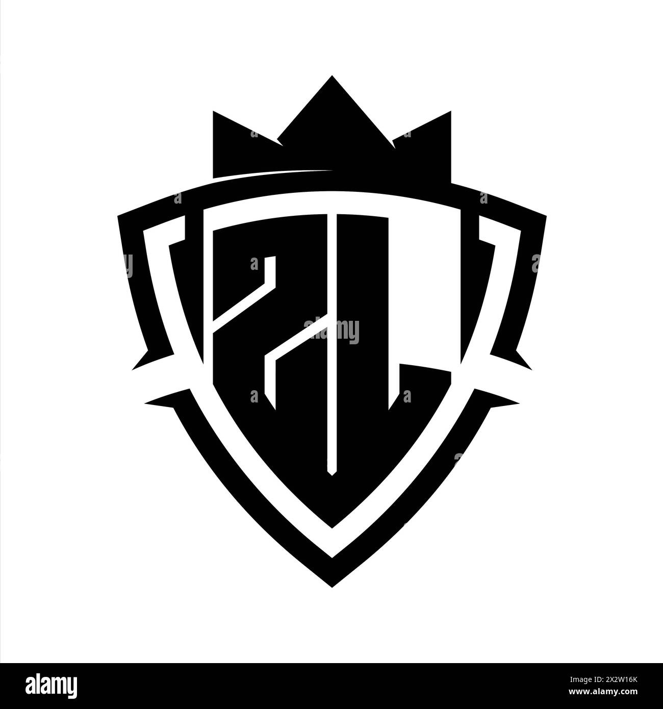 ZL Letter bold monogram with triangle curve shield shape with crown black and white background ...