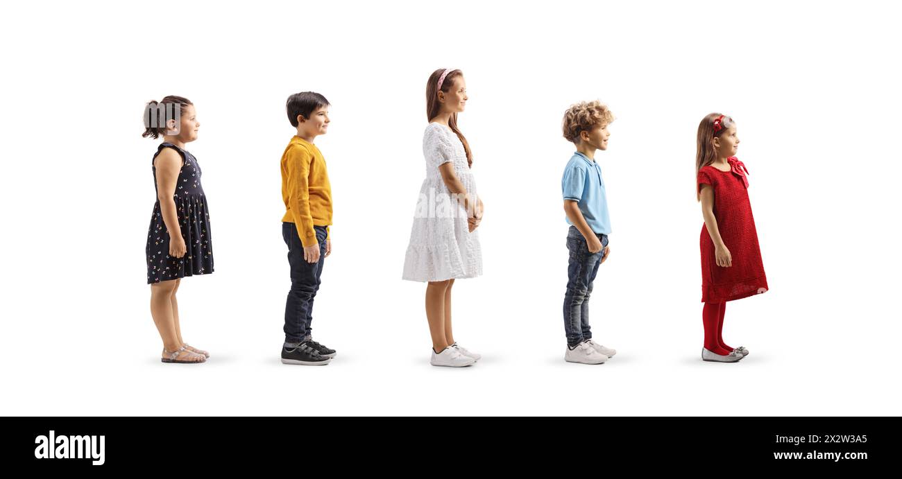 Full length profile shot of girls and boys waiting in line isolated on ...