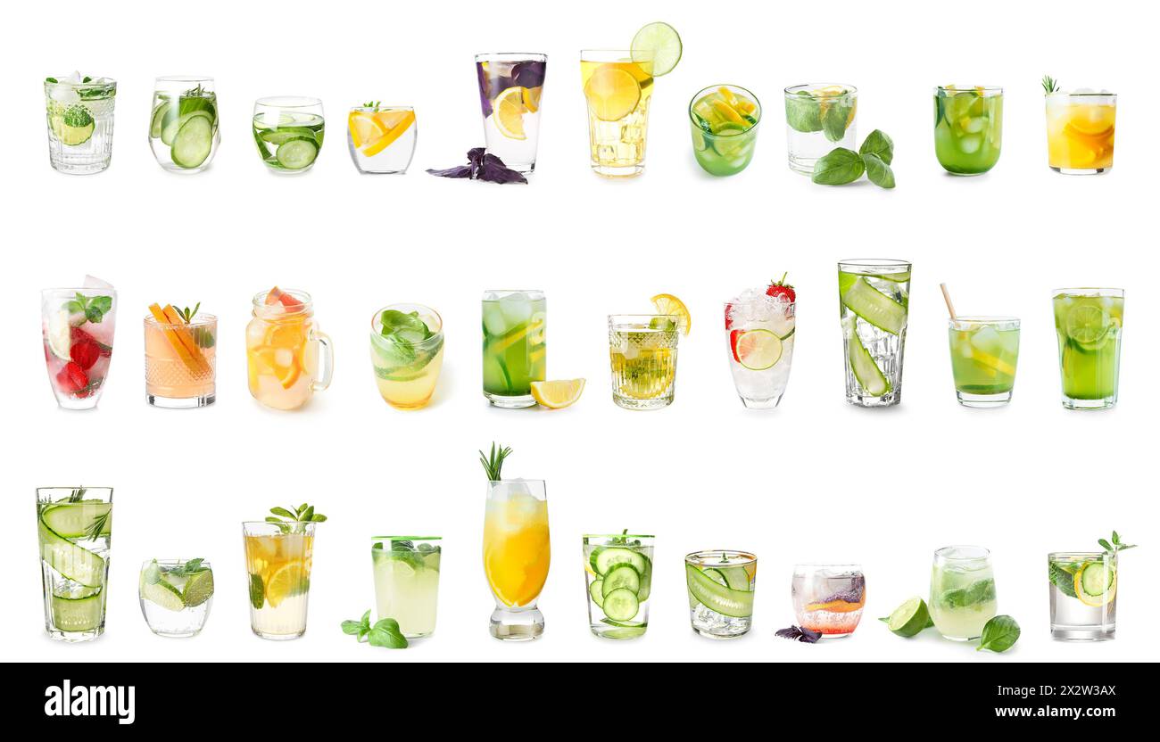 Set of glasses of cold infused water on white background Stock Photo ...