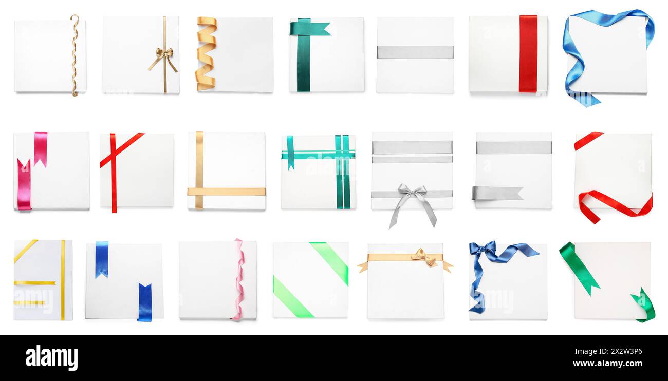 Collage of color ribbons with blank posters on white background Stock ...