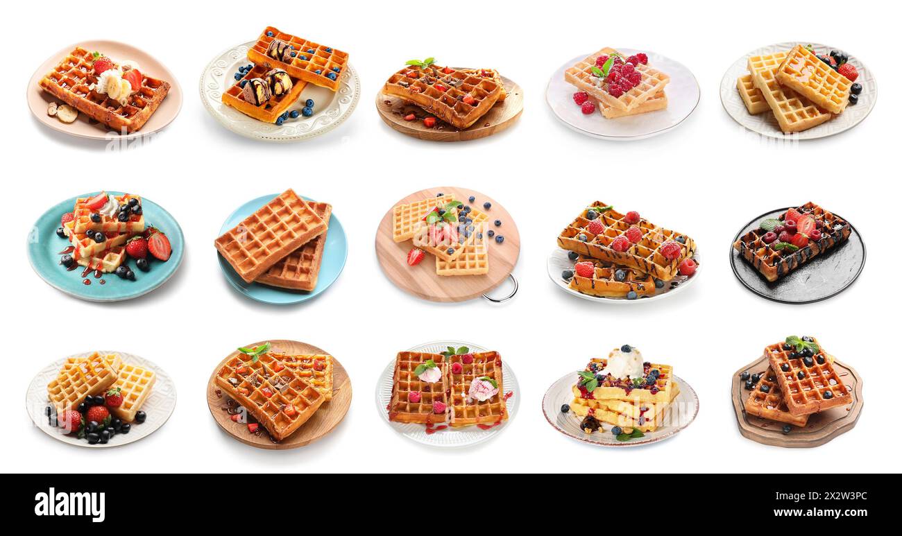 Collage of plates with tasty Belgian waffles on white background Stock ...