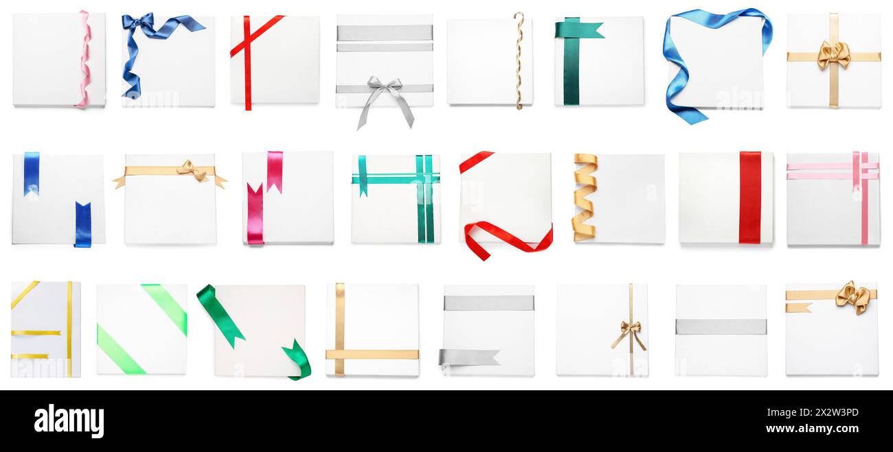Set of color ribbons with blank posters on white background Stock Photo ...