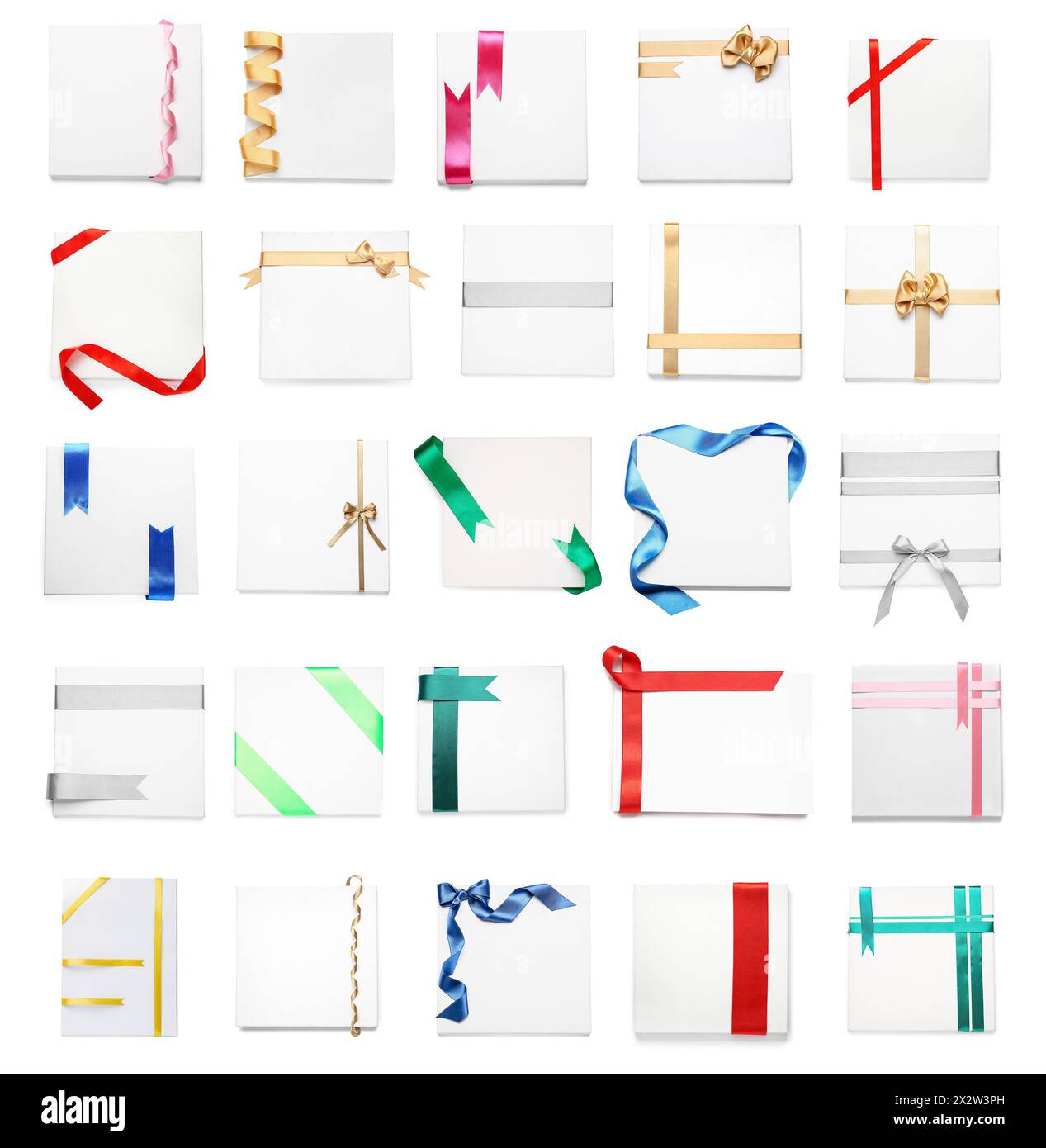Collage of color ribbons with blank posters on white background Stock ...