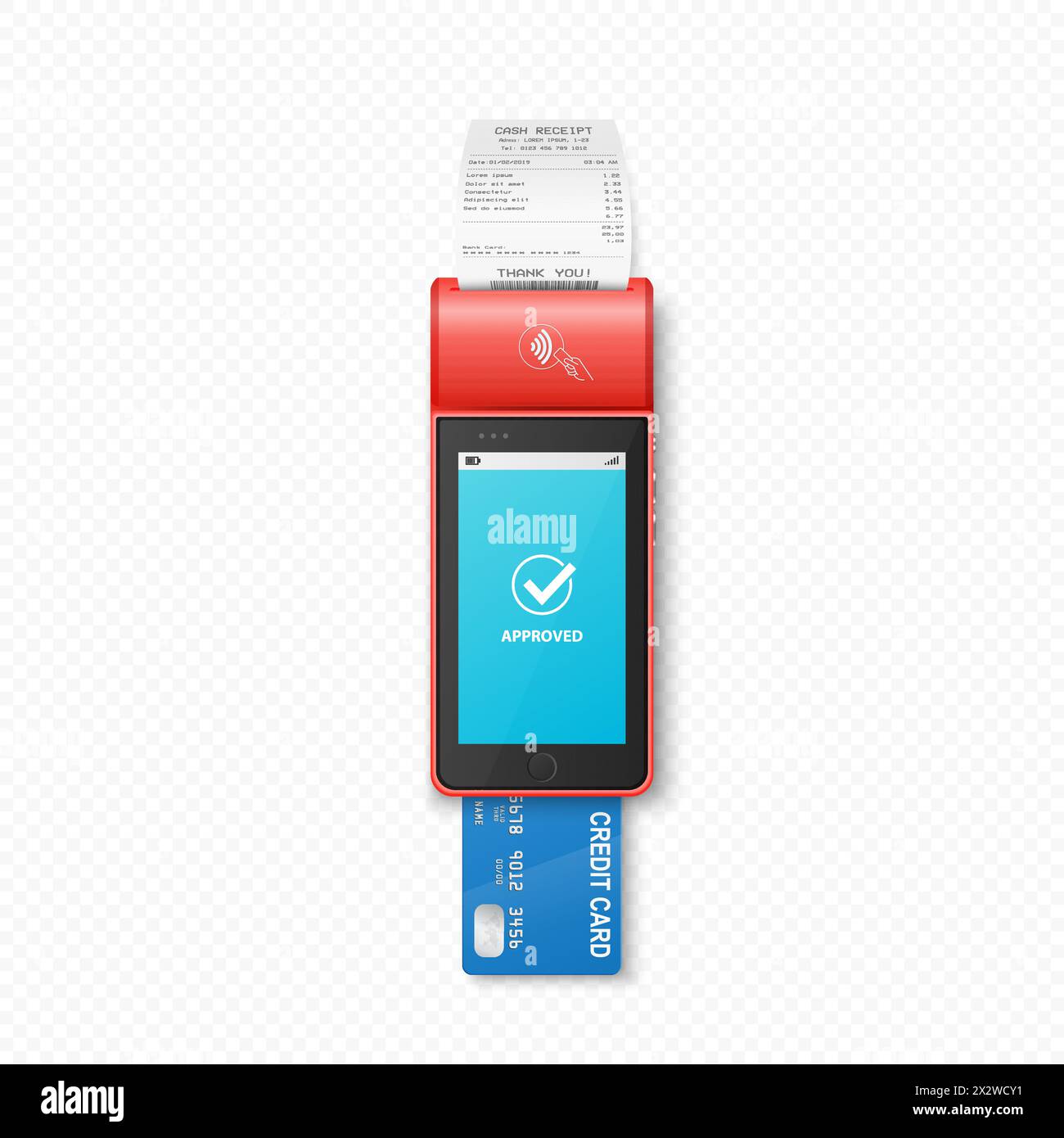 Vector 3D Realistic NFC Payment Terminal with Payment Receipt, Credit Card. Payment Machine ...