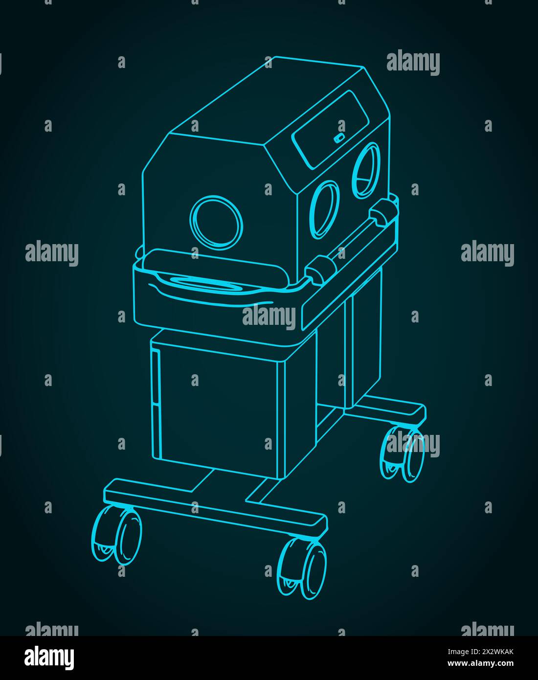 Stylized vector illustration of isometric blueprint of a baby Incubator ...