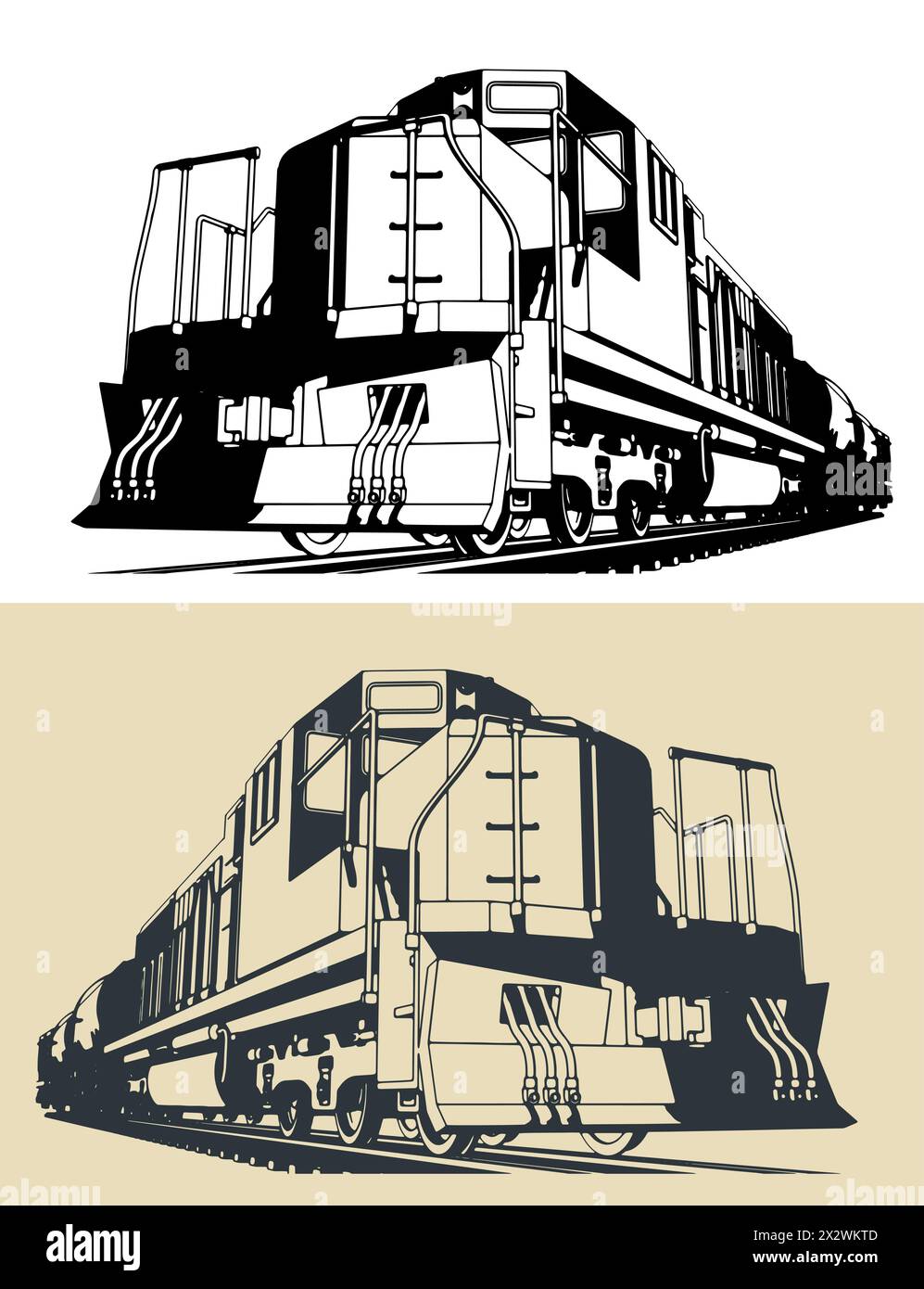 Stylized vector illustrations of a freight locomotive with tank wagons ...