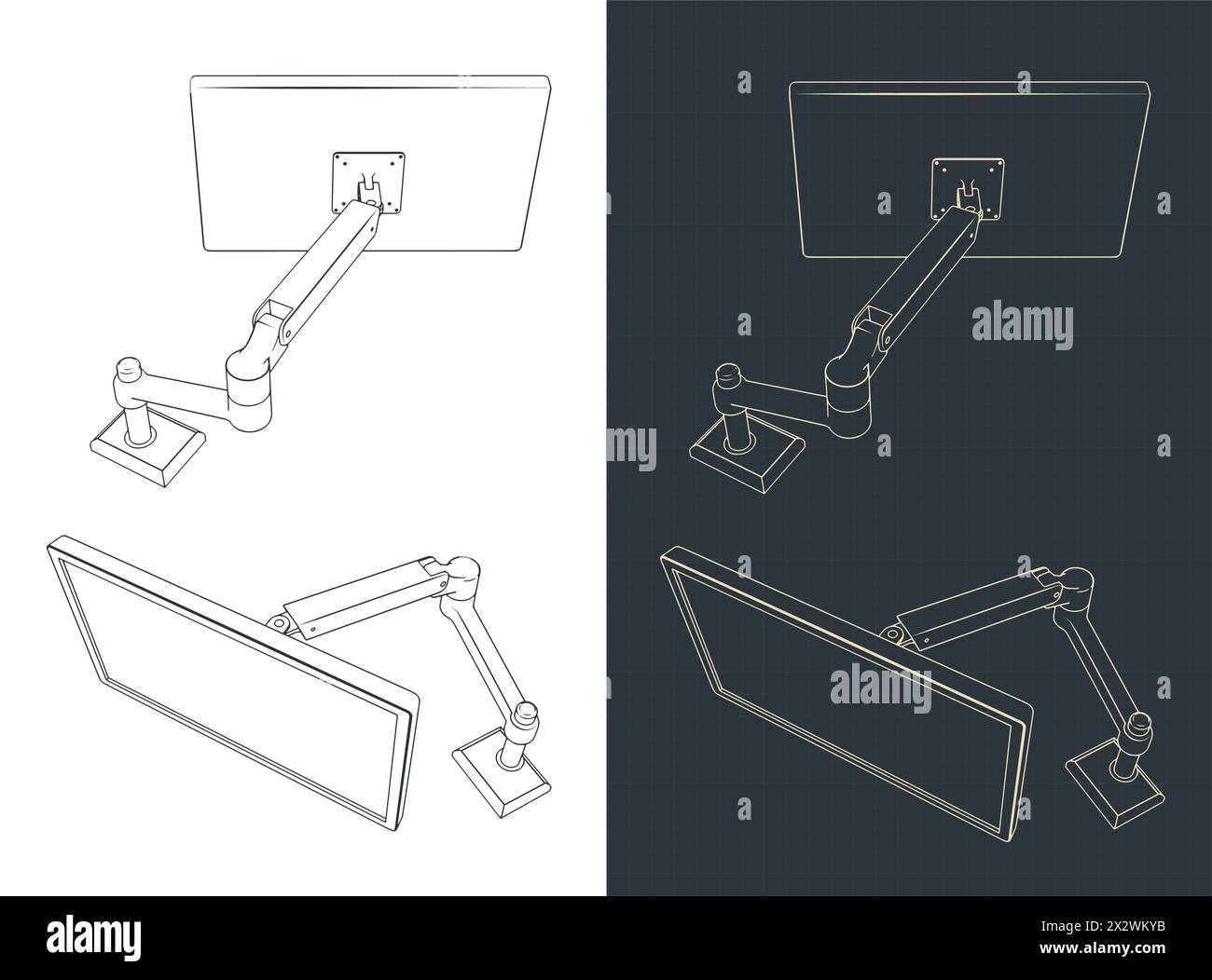 Stylized vector illustrations of blueprints of single monitor arm mount ...