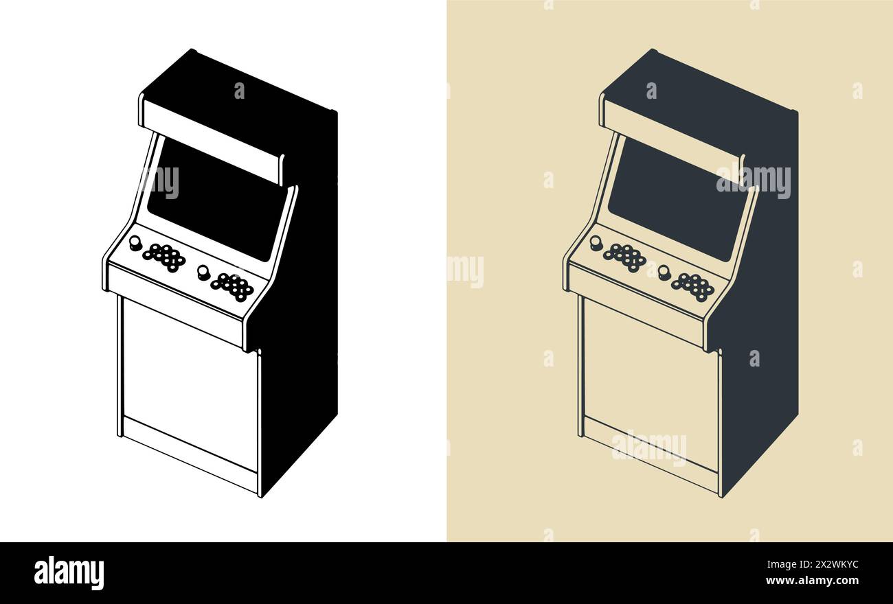 Stylized vector illustrations of a retro arcade games cabinet Stock ...
