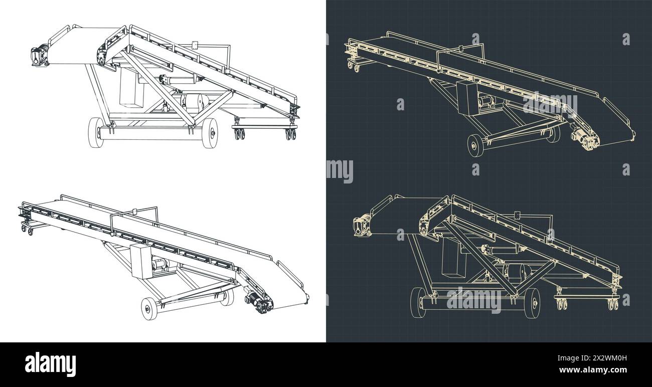 Stylized vector illustrations of isometric blueprints of a mobile belt ...