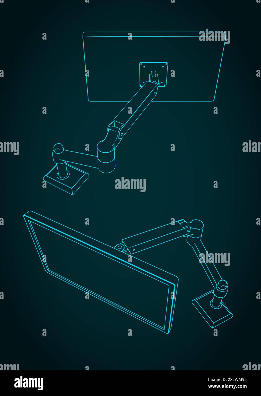 Stylized vector illustrations of blueprint of single monitor arm mount ...