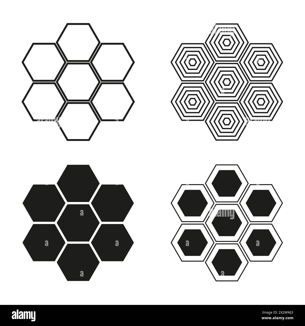 Geometric hexagon patterns set. Abstract honeycomb icons. Black and white hexagonal design ...
