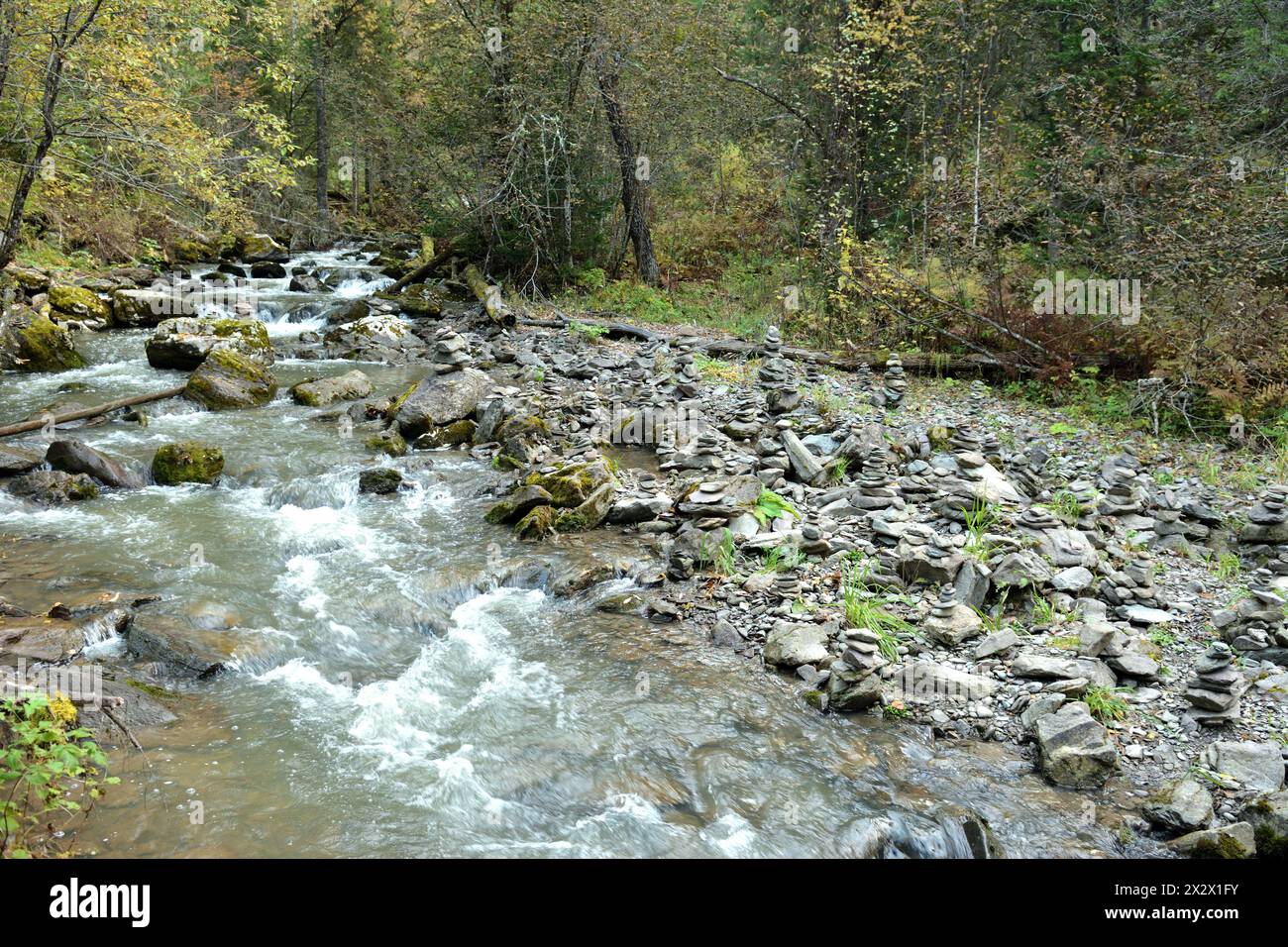 The sterile stream of a stormy mountain river, bending around the ...