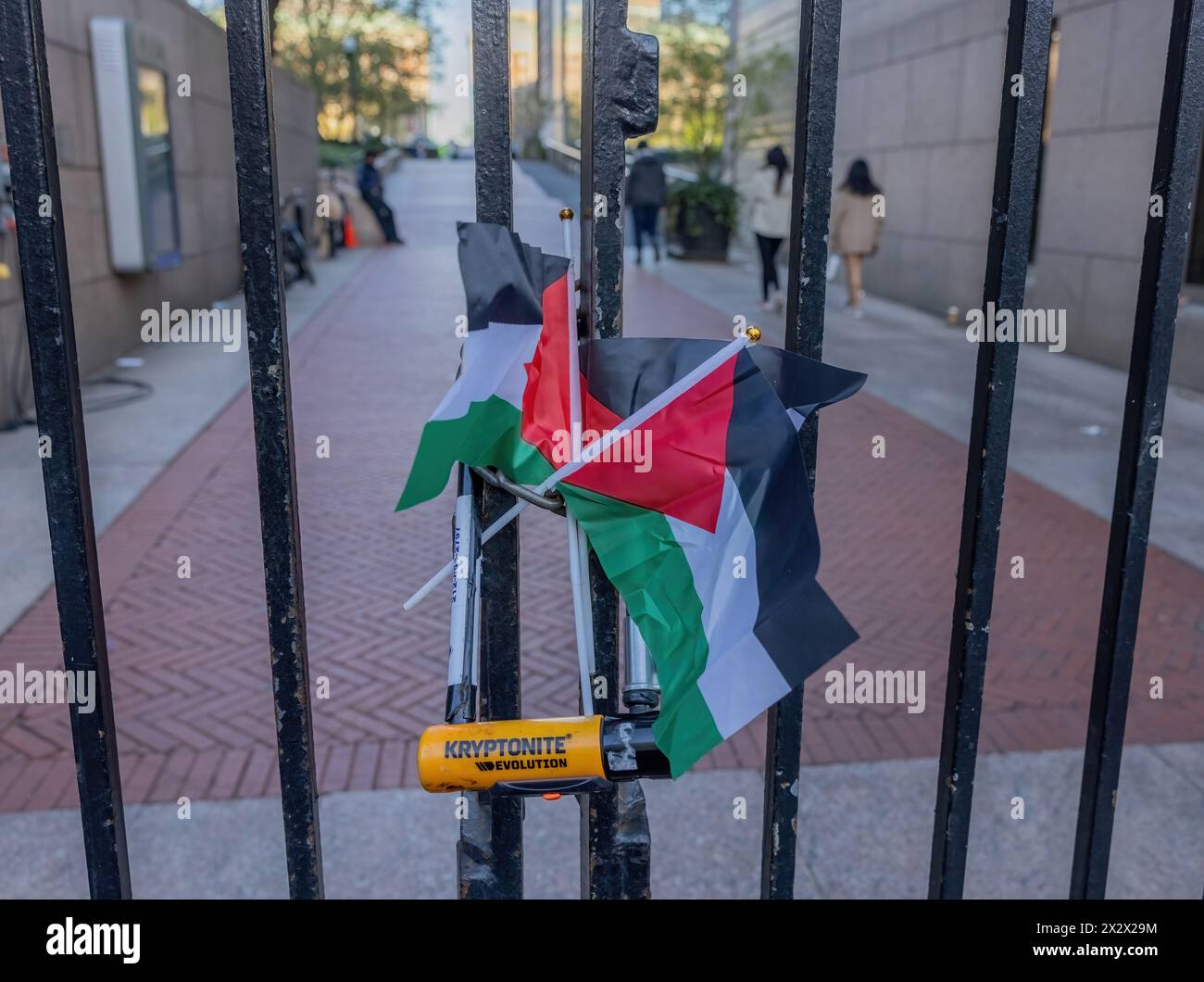 NEW YORK, N.Y. – April 22, 2024: Palestinian flags are seen on a locked ...