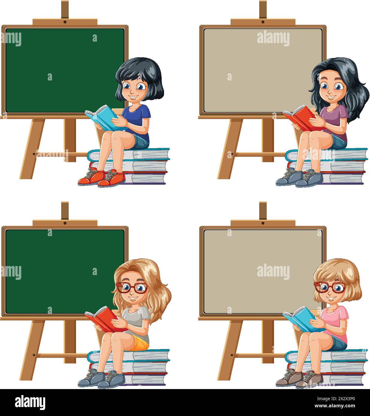 Four cartoon children reading books by chalkboards Stock Vector Image ...