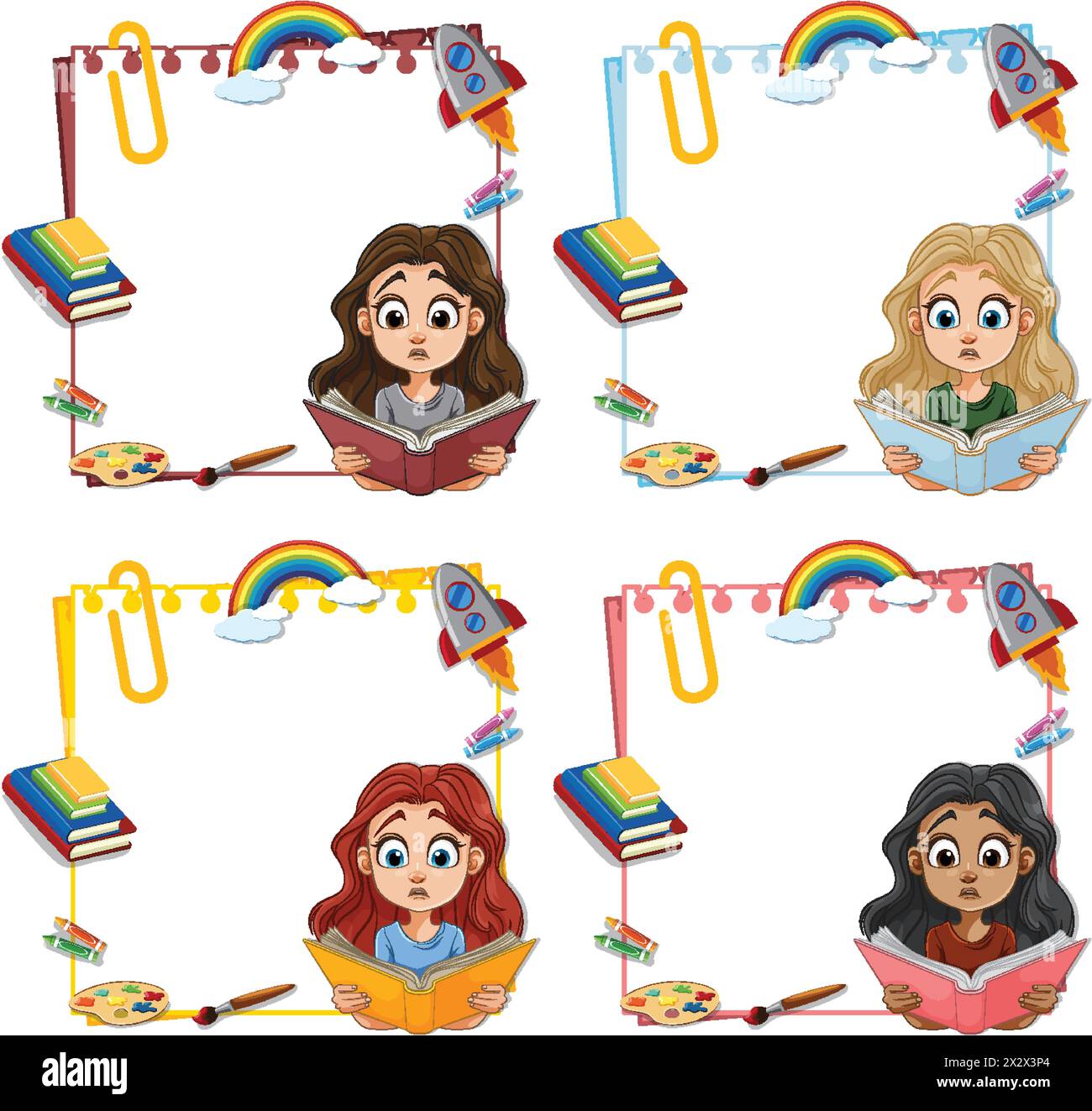 Four frames with children reading and creative elements Stock Vector ...