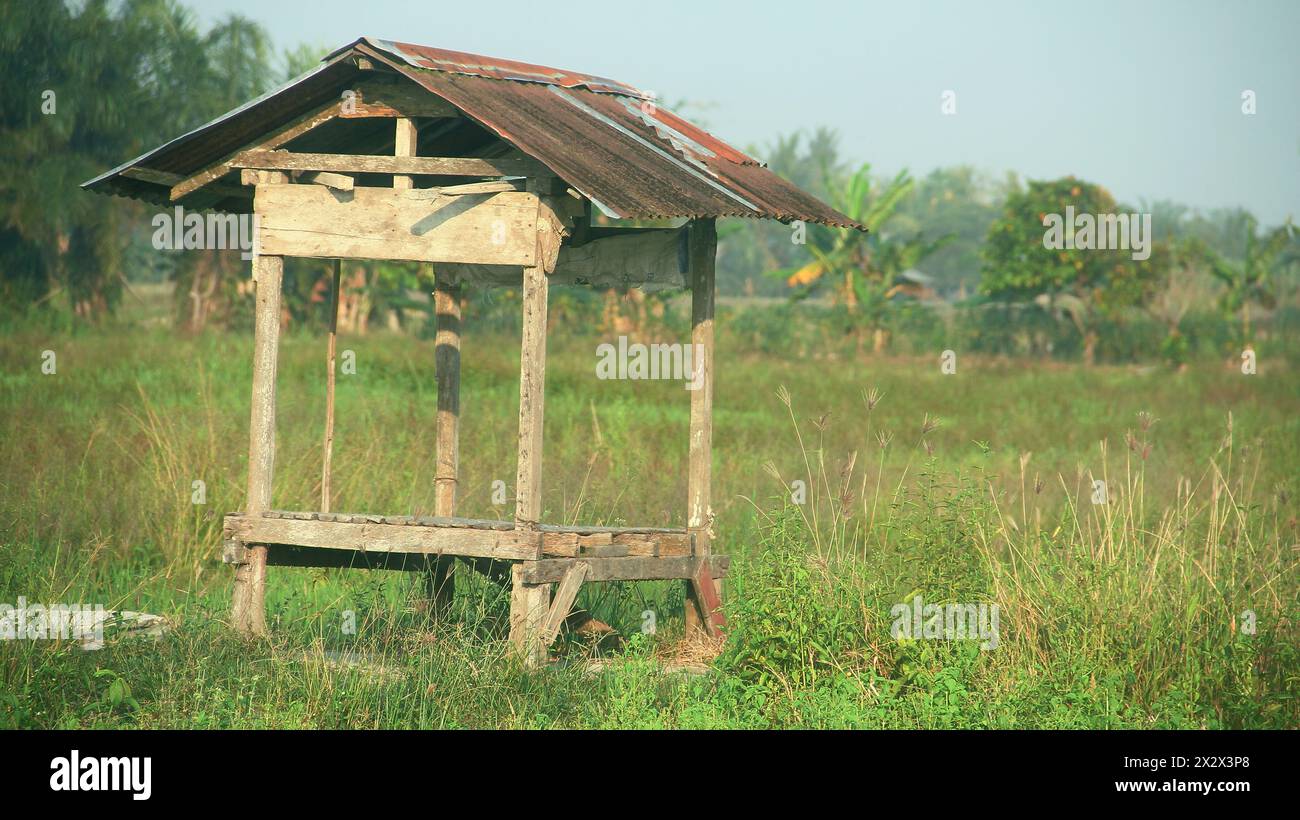 Simple buildings and huts made of wood and roofs made of sago leaves ...