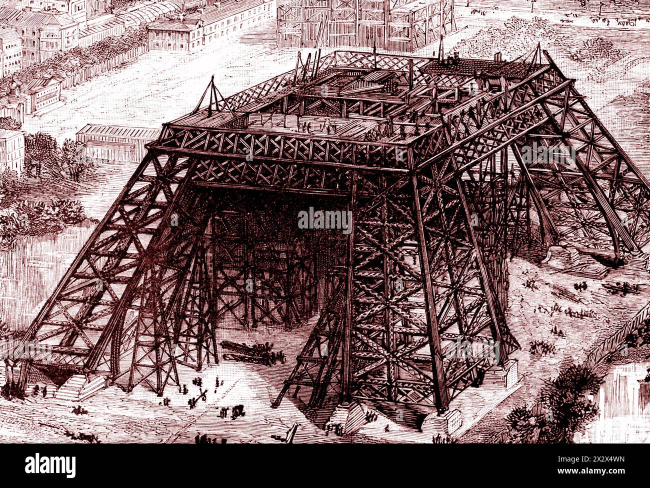 Illustration of the construction of the first floor of the Eiffel Tower, Paris, France ...